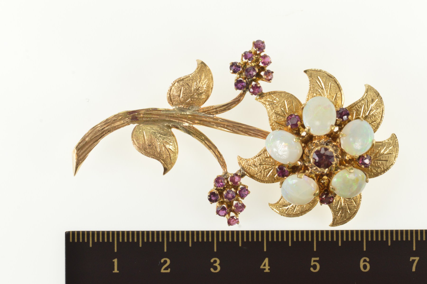 14K Natural Opal Ruby Etched Flower Statement Yellow Gold Pin/Brooch ...