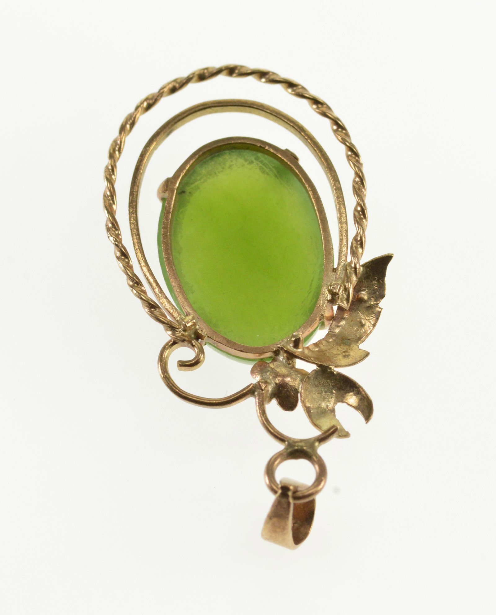 14K Nephrite Jade Oval Cabochon Rope Trim Leaf Yellow Gold Pendant ...
