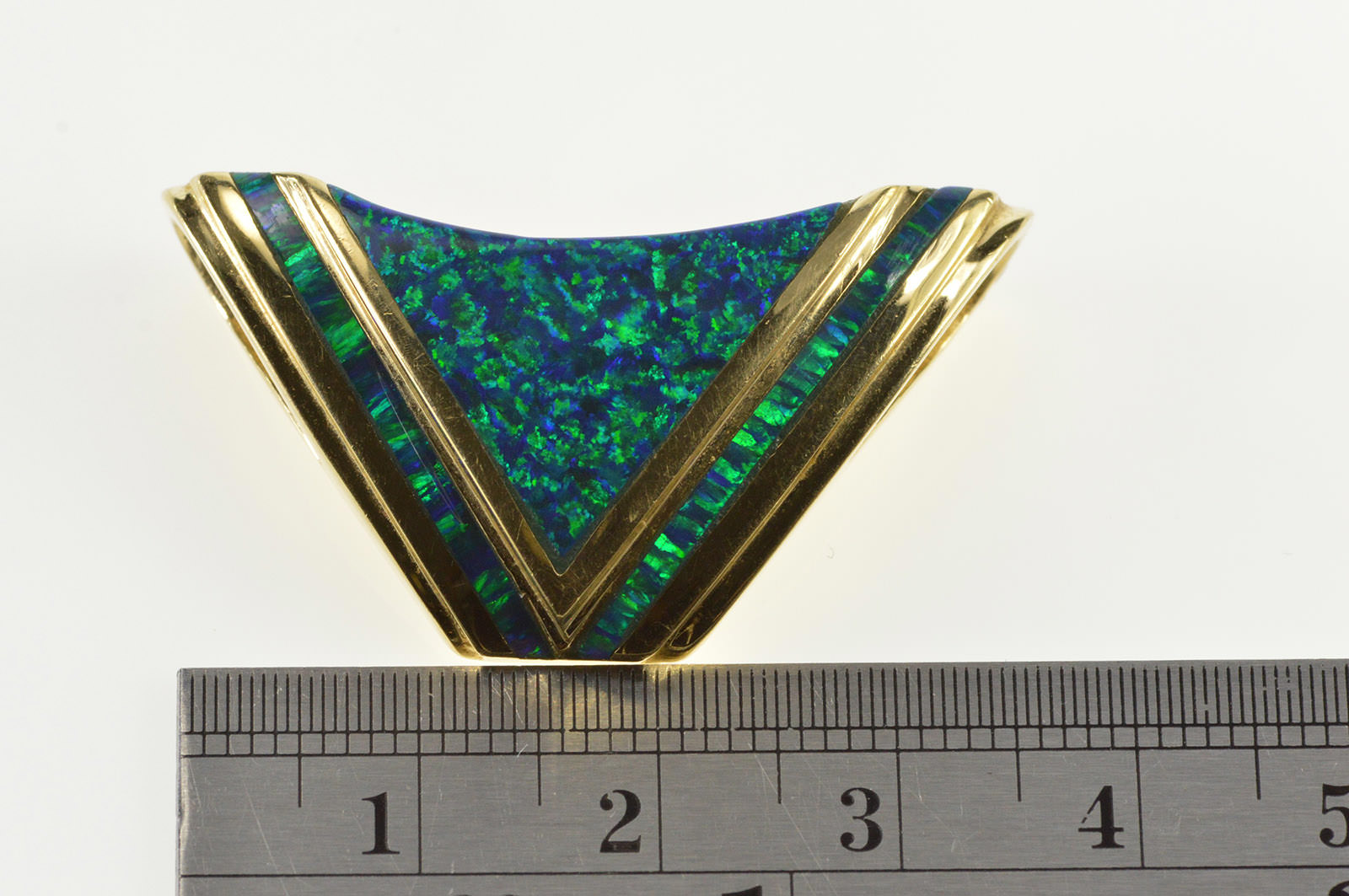 14K Ornate Chevron Pointed Syn. Black Opal Inlay Yellow Gold Pendant ...