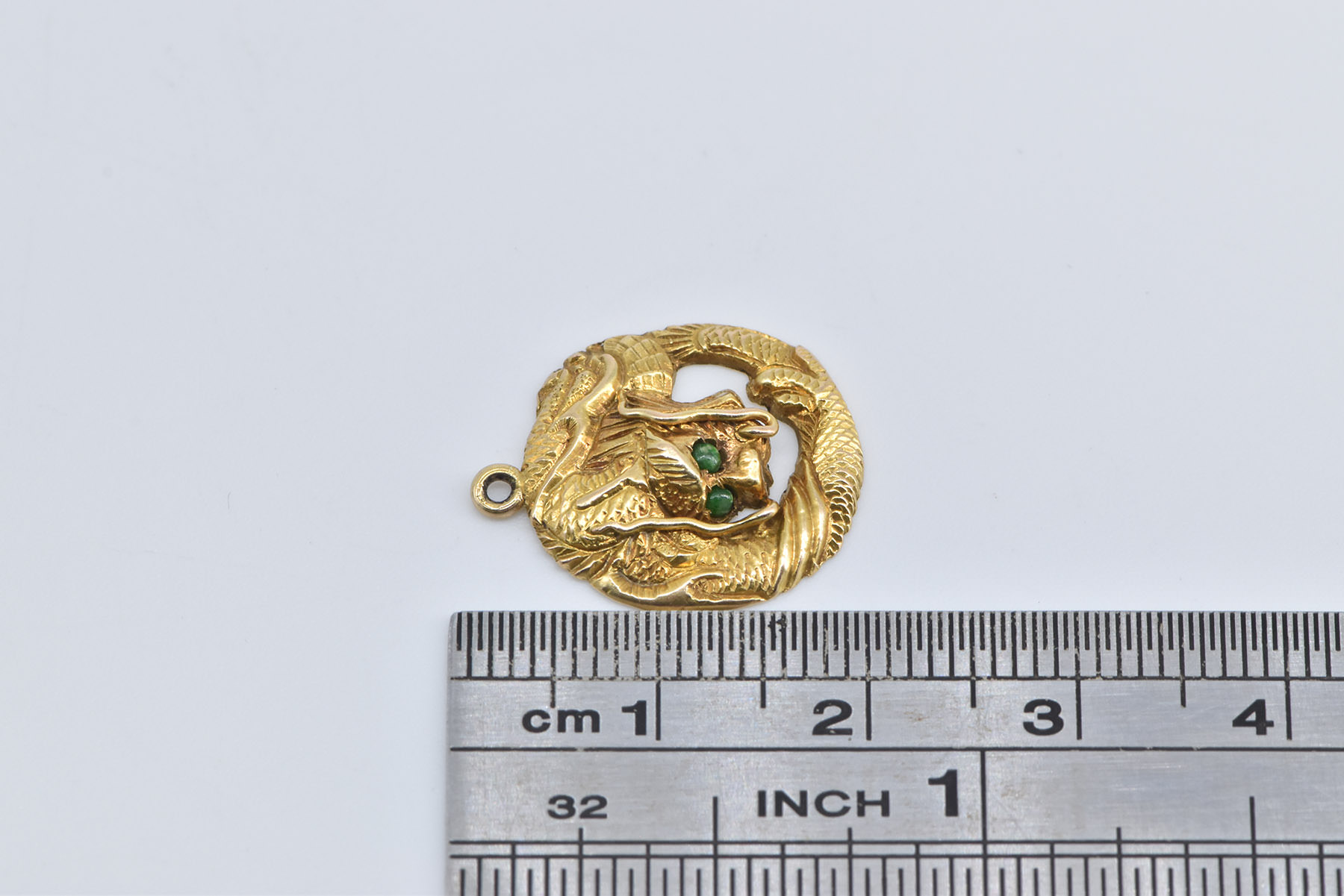 14K Ornate Chinese Emerald Eyed Dragon Ouroboros Yellow Gold Pendant ...