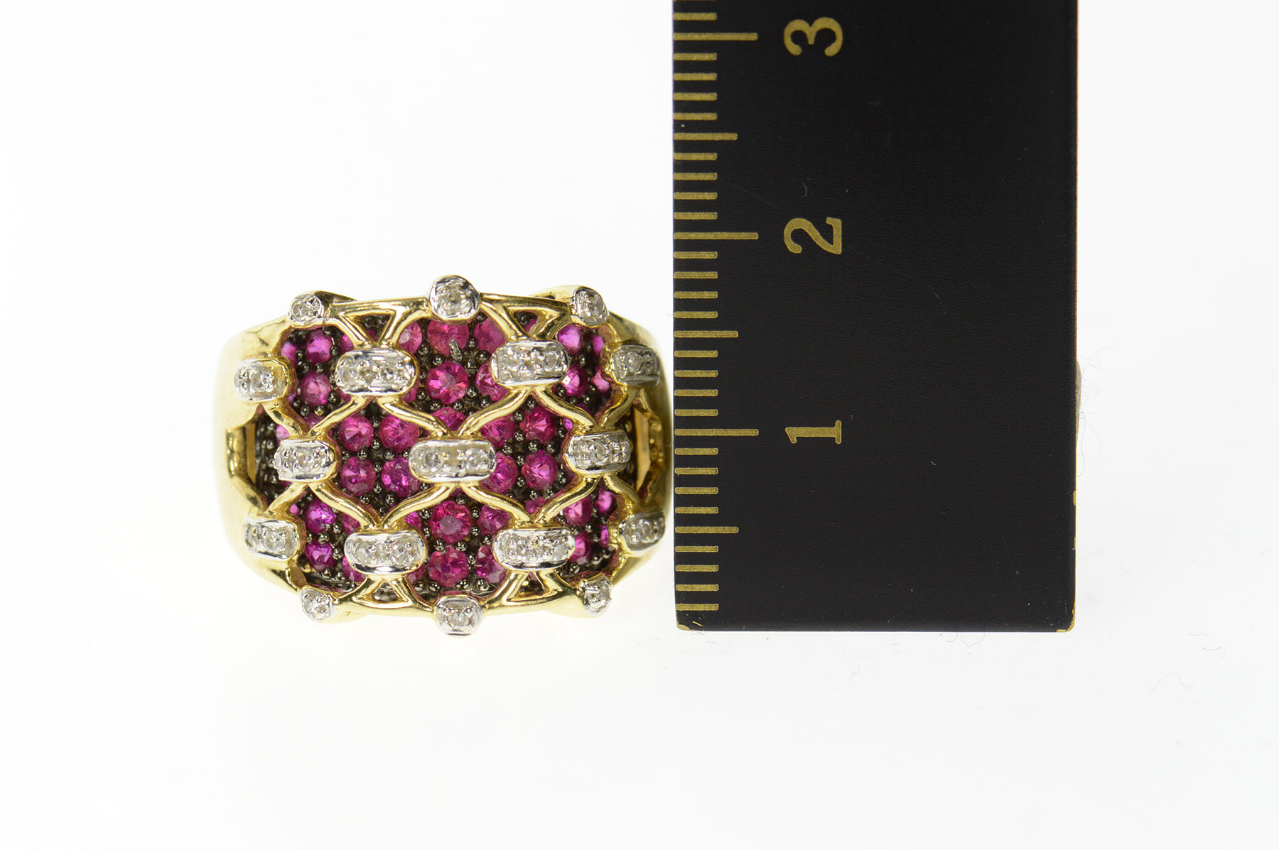 14K Ornate Diamond Ruby Lattice Statement Band Yellow Gold Ring, Size 8 ...