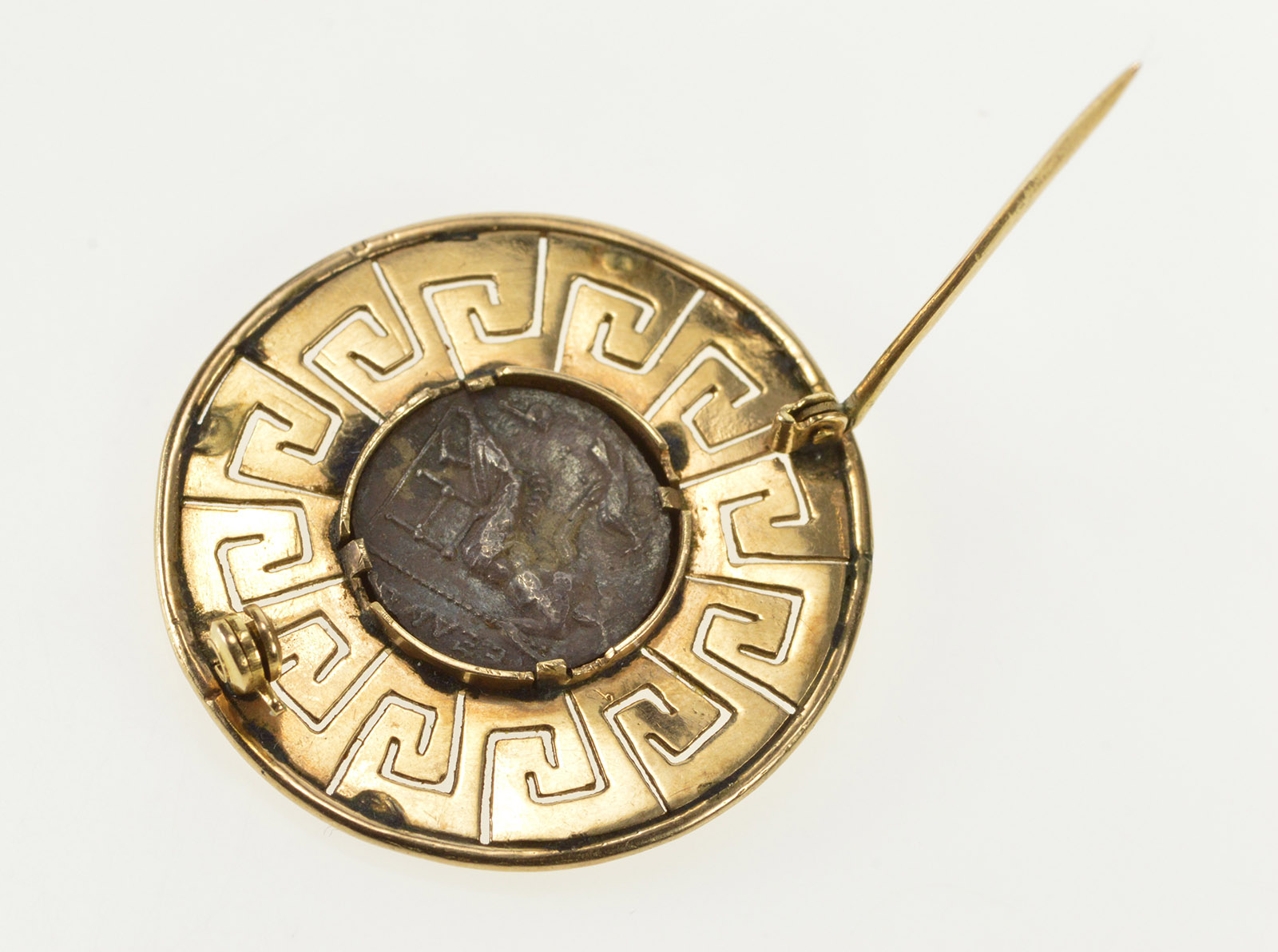 14K Ornate Greek Coin Wave Key Pattern Trim Yellow Gold Pin/Brooch ...