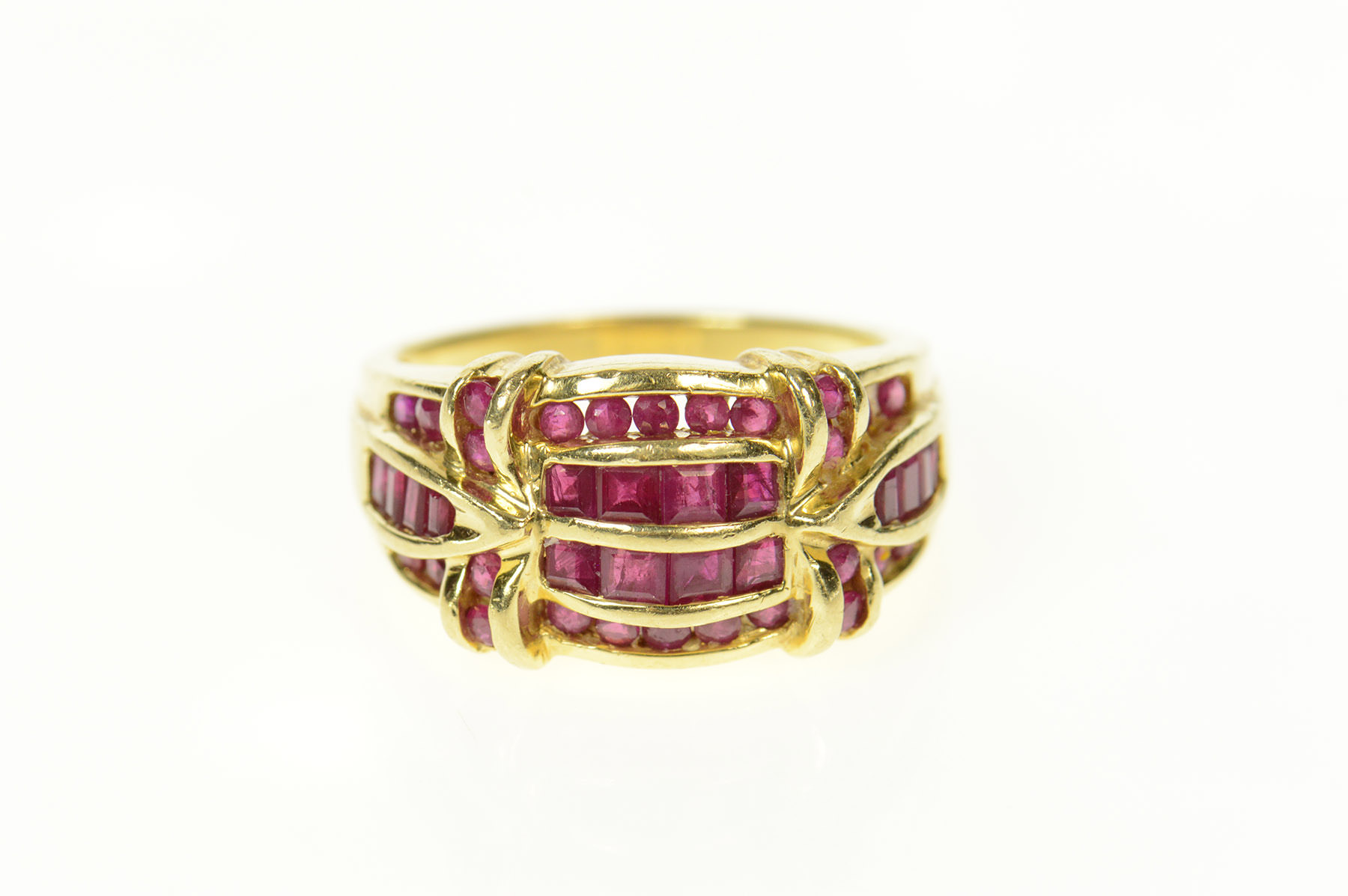 14K Ornate Ruby Encrusted Row Statement Yellow Gold Ring, Size 8.75 ...
