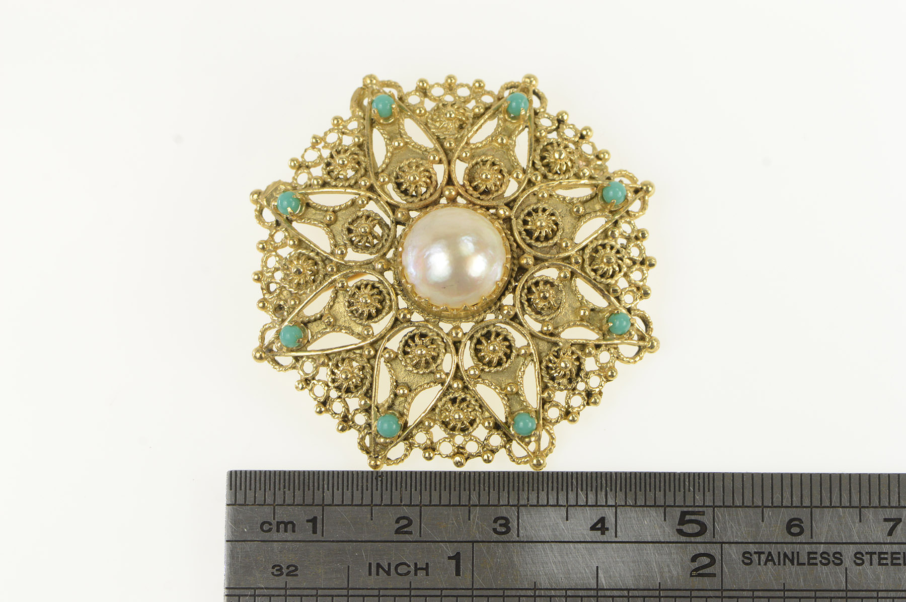 14K Ornate Turquoise Pearl Vintage Filigree Yellow Gold Pendant/Pin ...