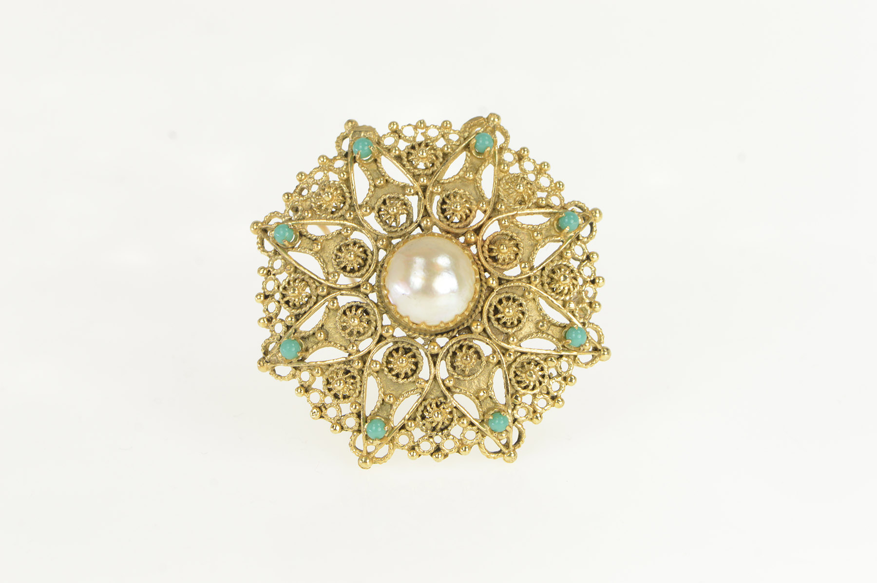 14K Ornate Turquoise Pearl Vintage Filigree Yellow Gold Pendant/Pin ...