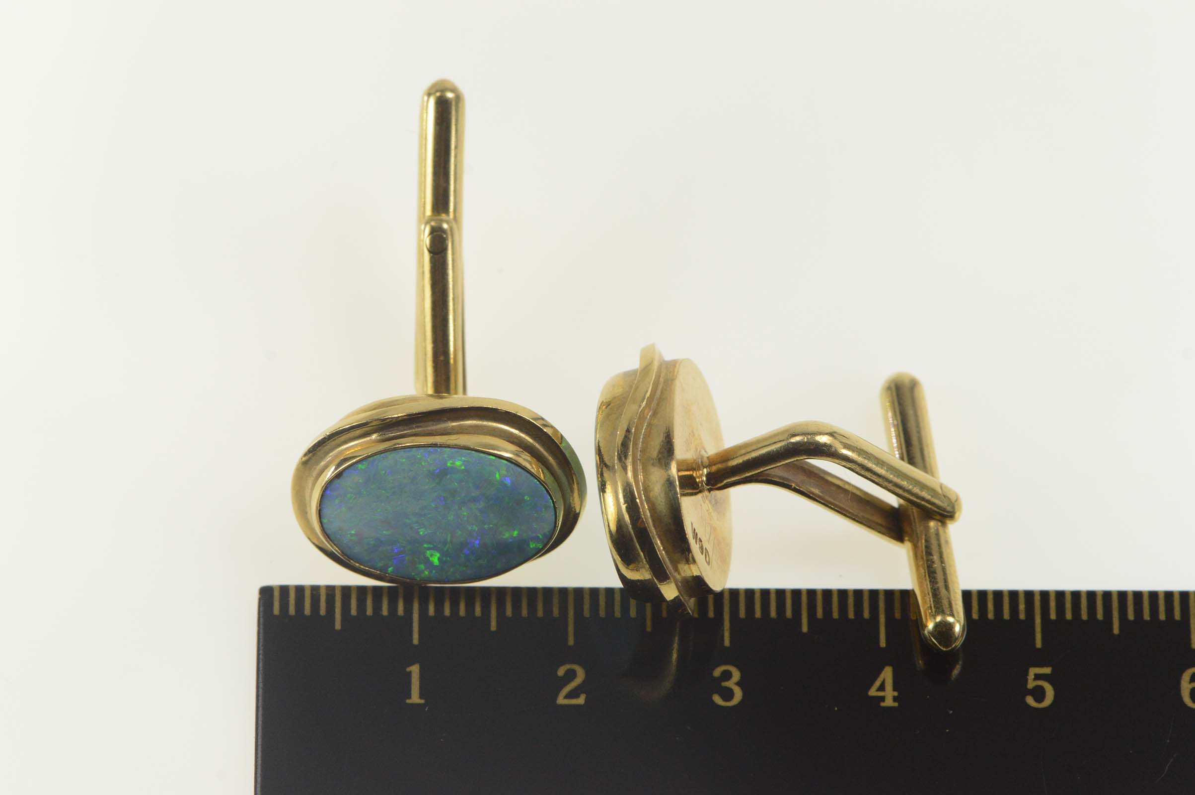 14K Oval Natural Black Opal Inset Wavy Trim Yellow Gold Cuff Links ...