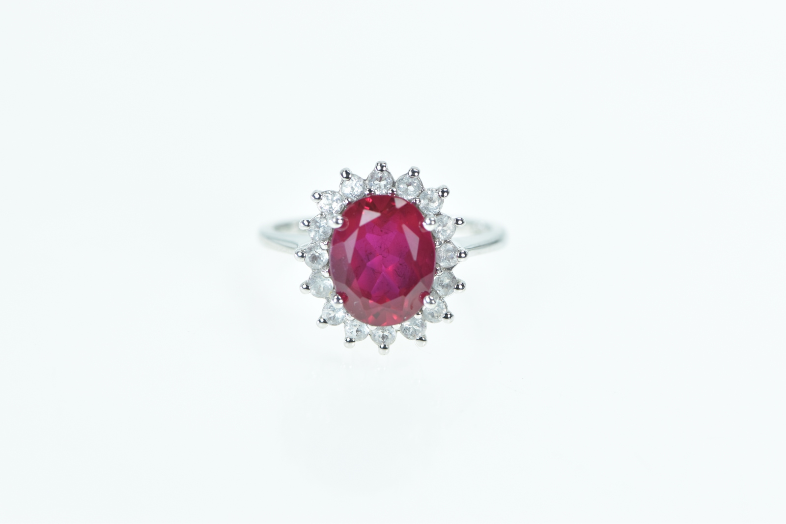 14K Oval Syn. Ruby CZ Halo Vintage White Gold Ring, Size 7 | Property Room