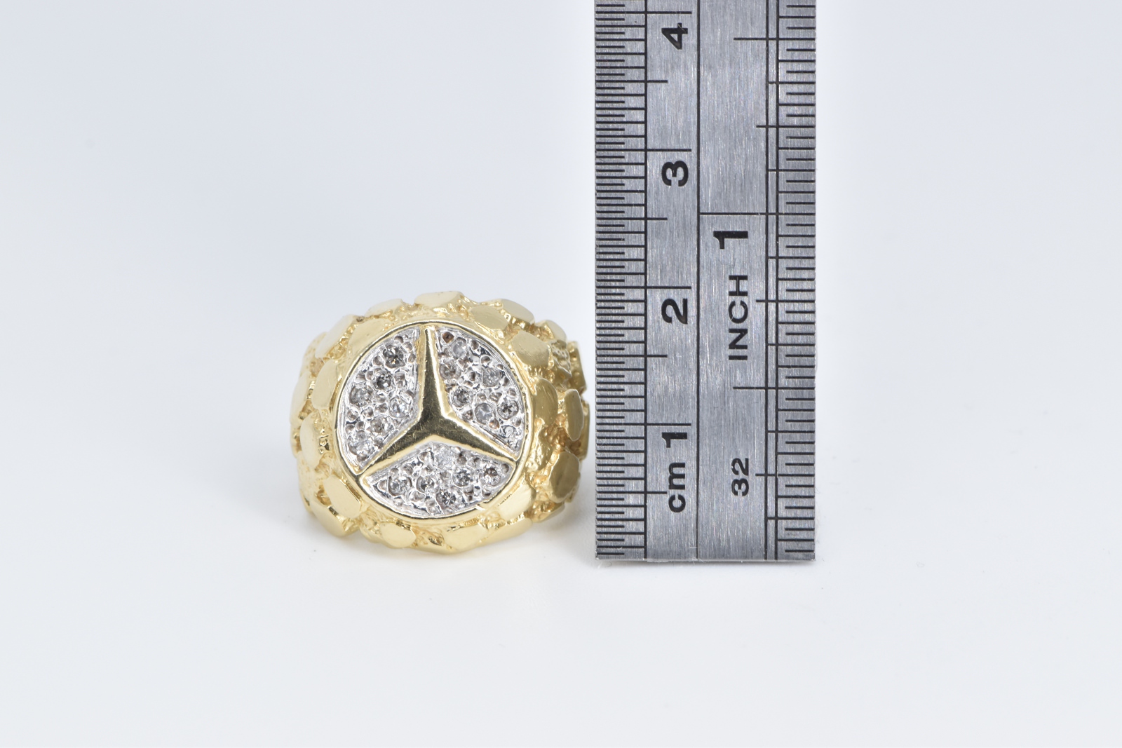 14K Pave Diamond Encrusted Mercedes Benz Symbol Yellow Gold Ring, Size ...