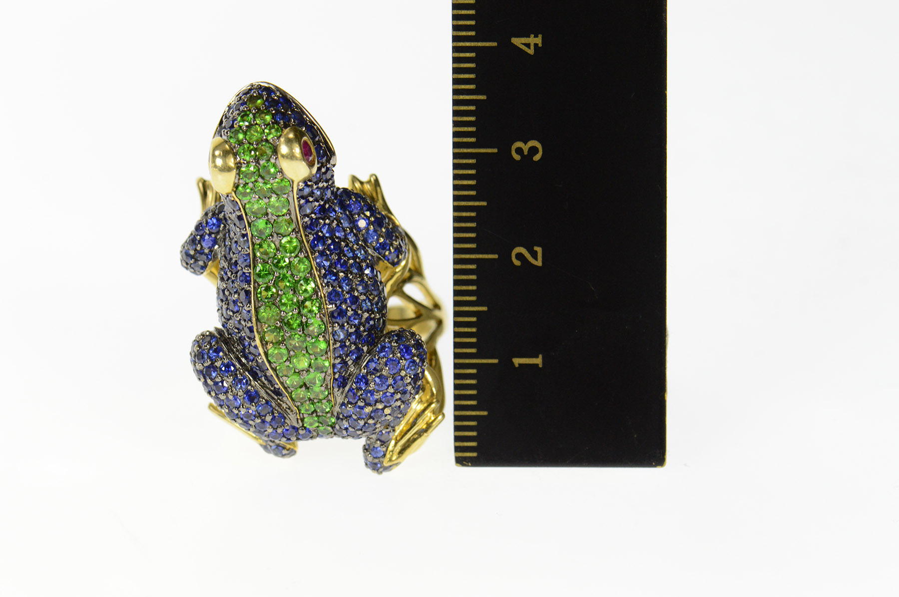 14K Pave Sapphire Peridot Ruby Frog Statement Yellow Gold Ring, Size 9. ...