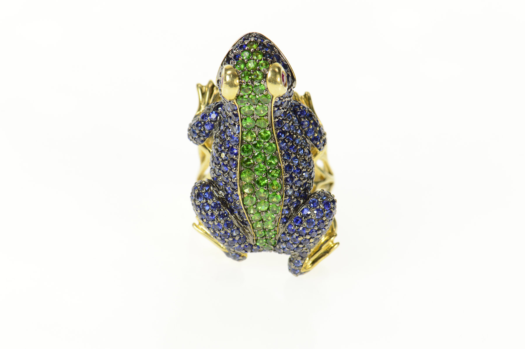 14K Pave Sapphire Peridot Ruby Frog Statement Yellow Gold Ring, Size 9. ...
