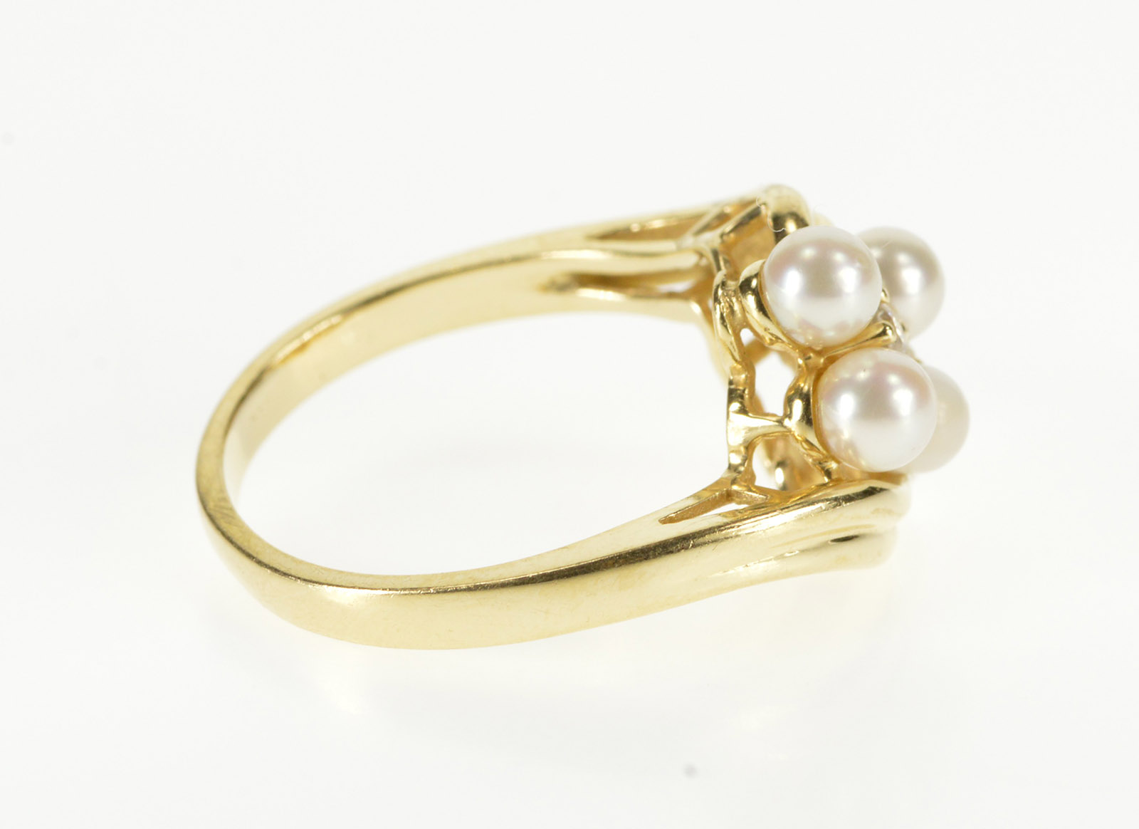 14K Pearl Cluster Diamond Inset Accent Wavy Bypass Yellow Gold Ring ...