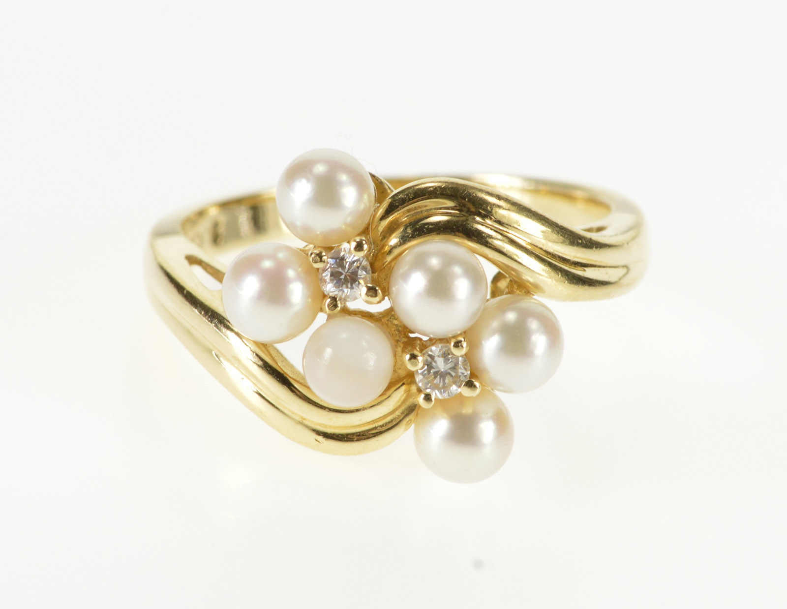 14K Pearl Cluster Diamond Inset Accent Wavy Bypass Yellow Gold Ring ...