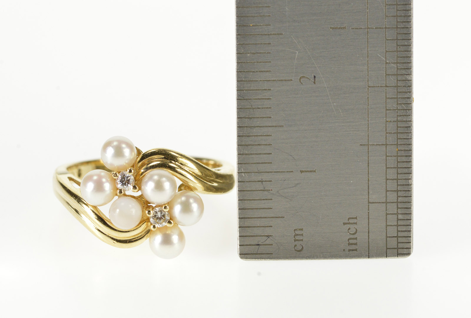 14K Pearl Cluster Diamond Inset Accent Wavy Bypass Yellow Gold Ring ...