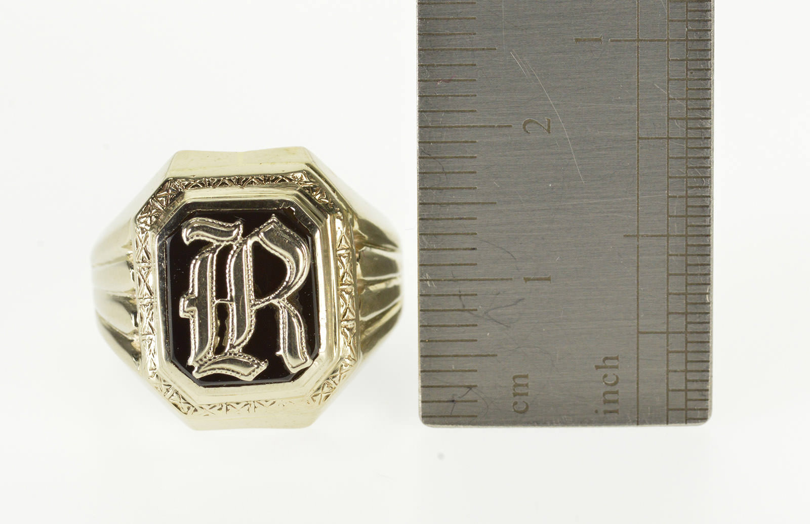 14K R Cursive Letter Initial Black Onyx Overlay White Gold Ring, Size 7 ...