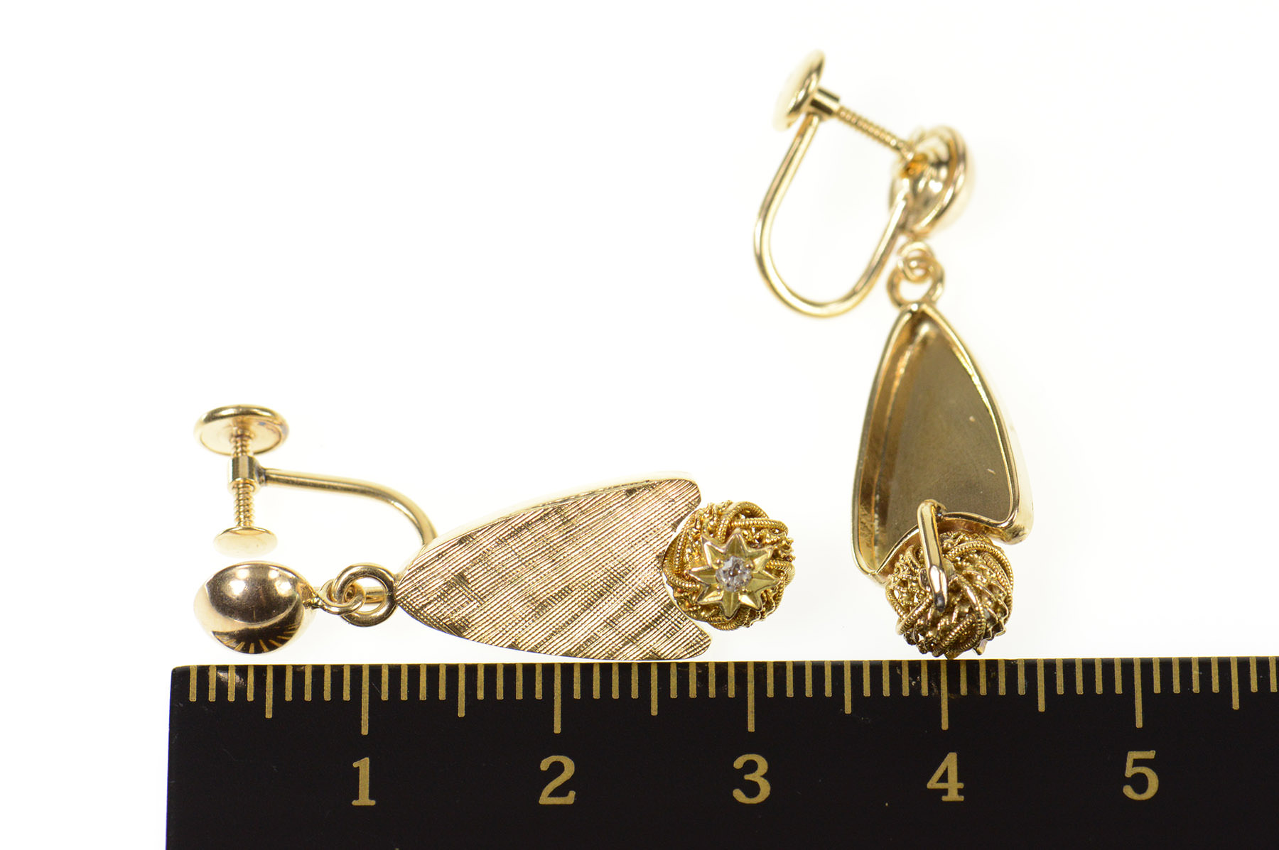 14K Retro 1950's Diamond Knot Geometric Dangle Yellow Gold Earrings ...