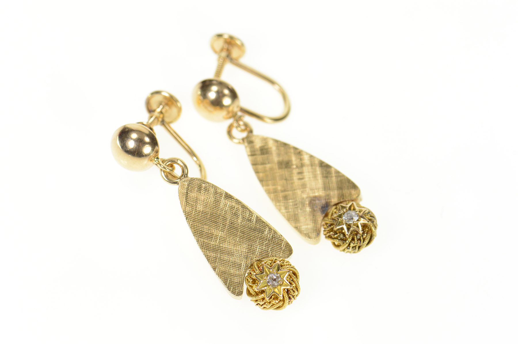 14K Retro 1950's Diamond Knot Geometric Dangle Yellow Gold Earrings ...