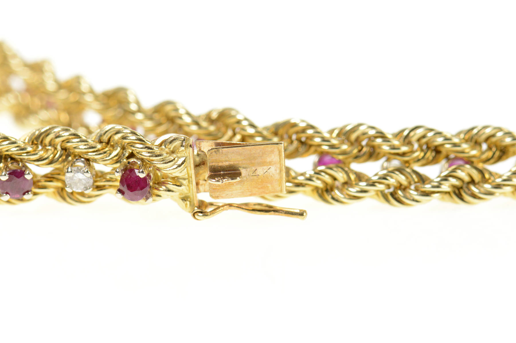 14K Retro Ruby Diamond Rope Woven Chain Yellow Gold Bracelet 6 ...