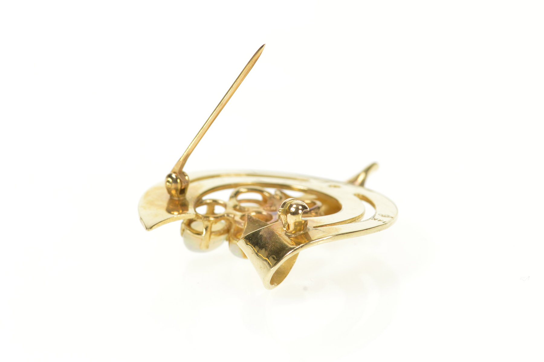 14K Retro Syn. Opal Floral Leaf Round Ribbon Yellow Gold Pin/Brooch ...