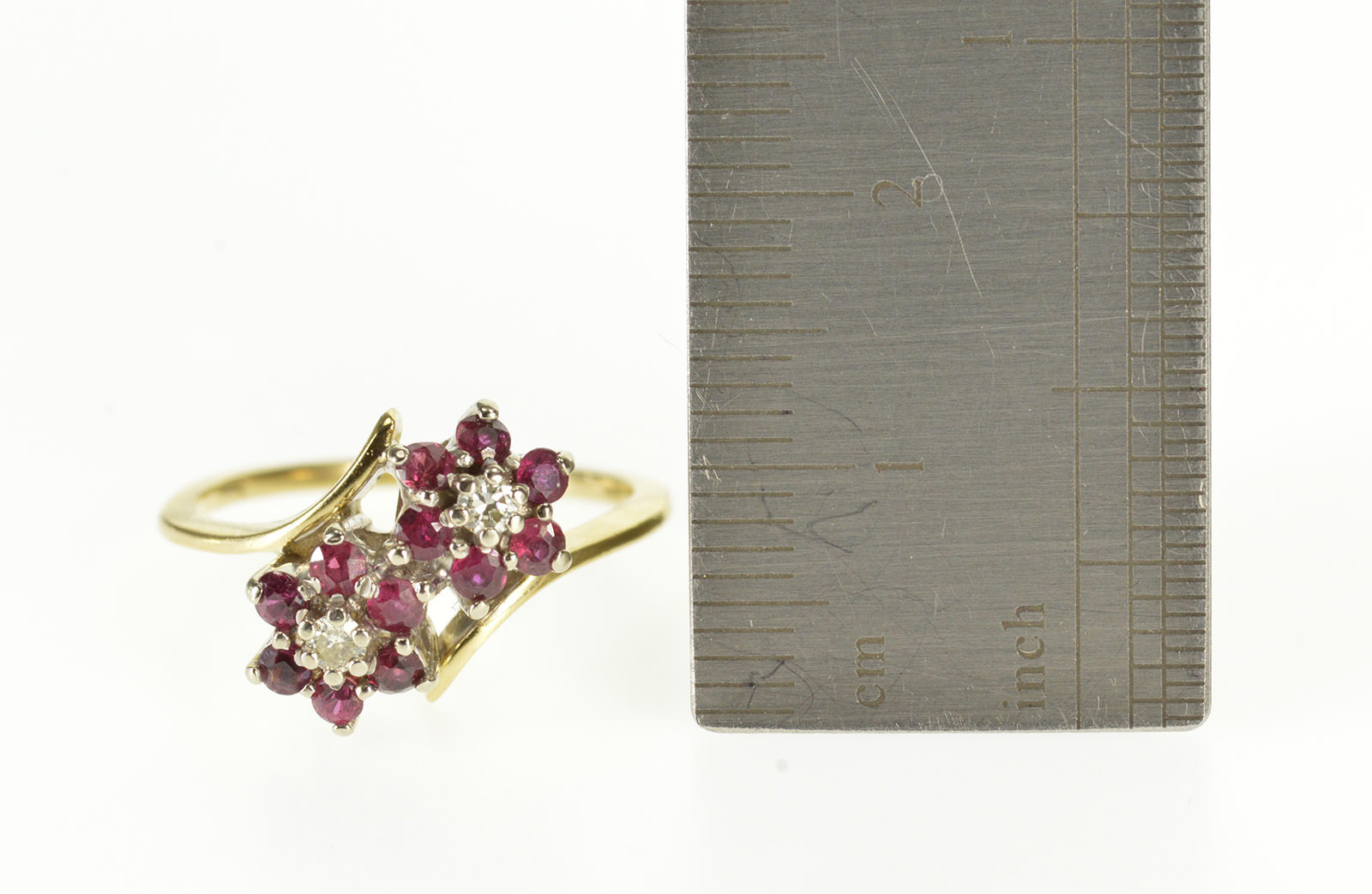 14K Ruby Diamond Inset Cluster Freeform Bypass Yellow Gold Ring, Size 5 ...