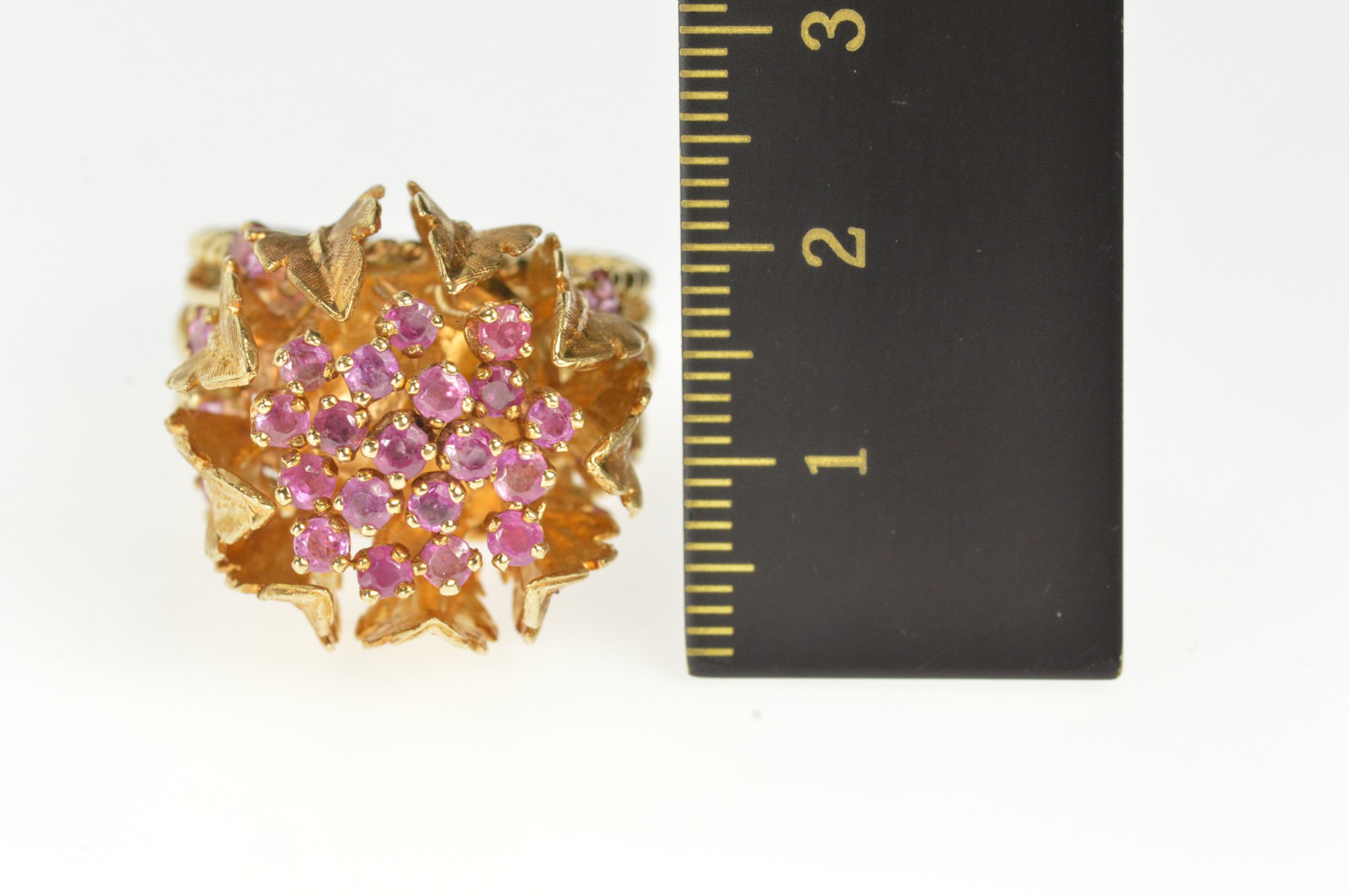 14K Ruby Encrusted Ornate Leaf Cocktail Huge Yellow Gold Ring, Size 9. ...