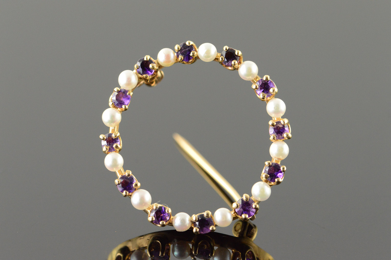 14K Seed Pearl Amethyst Circle Outline Yellow Gold Pin/Brooch ...