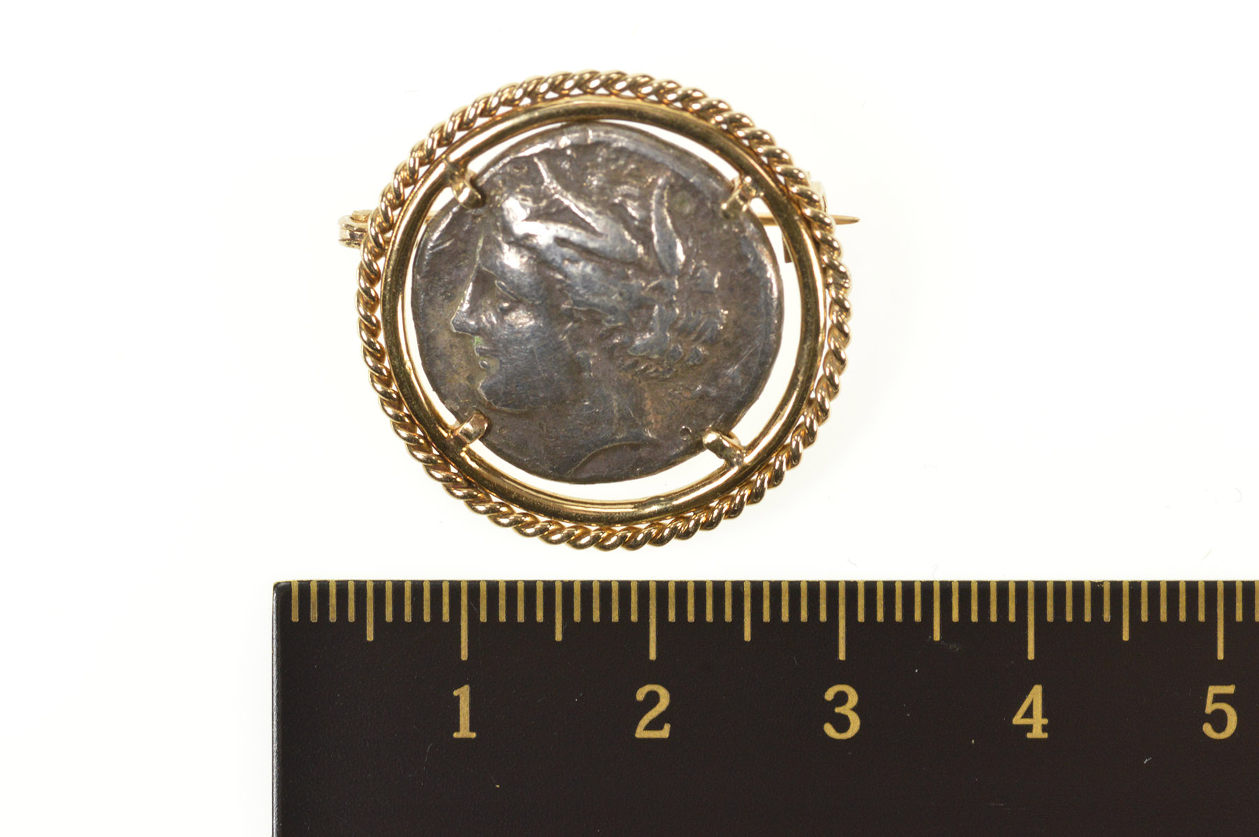 14K Silver Drachm Lokris Opuntia Italy ca. 500 BC Yellow Gold Pin ...