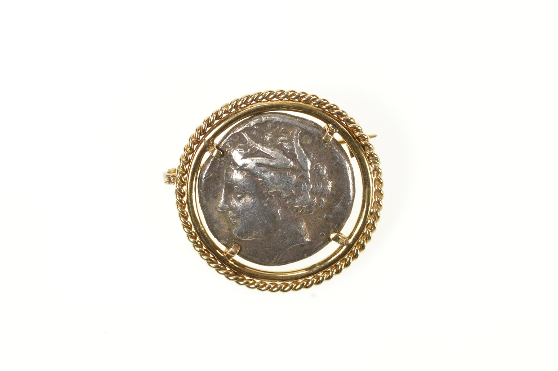 14K Silver Drachm Lokris Opuntia Italy ca. 500 BC Yellow Gold Pin ...