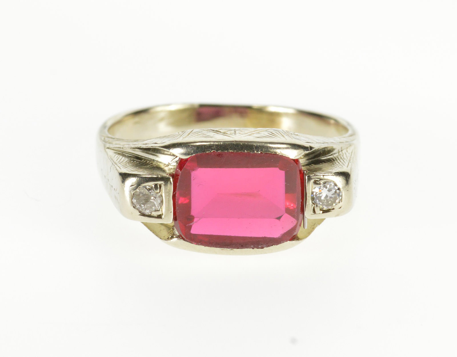 14K Syn. Ruby Diamond Accent Three Stone Ornate White Gold Ring, Size 8 ...