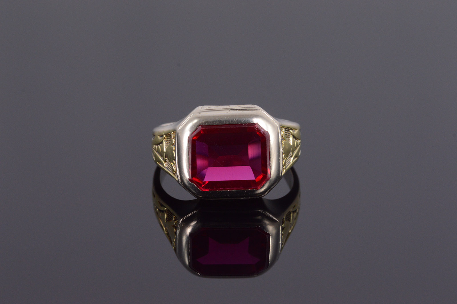 14K Syn. Ruby Emerald Cut Two Tone Floral Accent Yellow Gold Ring, Size ...