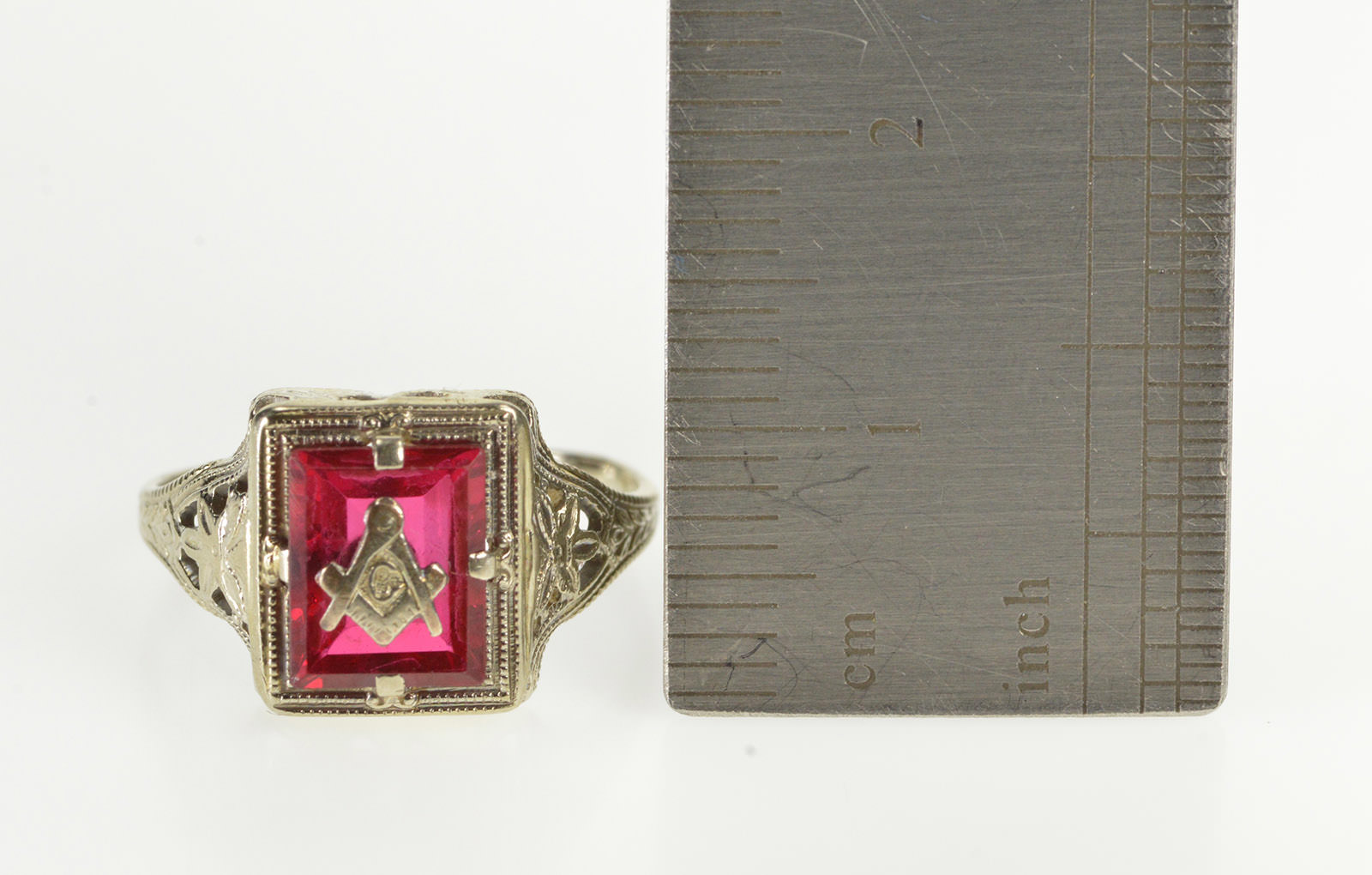 14K Syn. Ruby Masonic Compass Square Filigree White Gold Ring, Size 5. ...