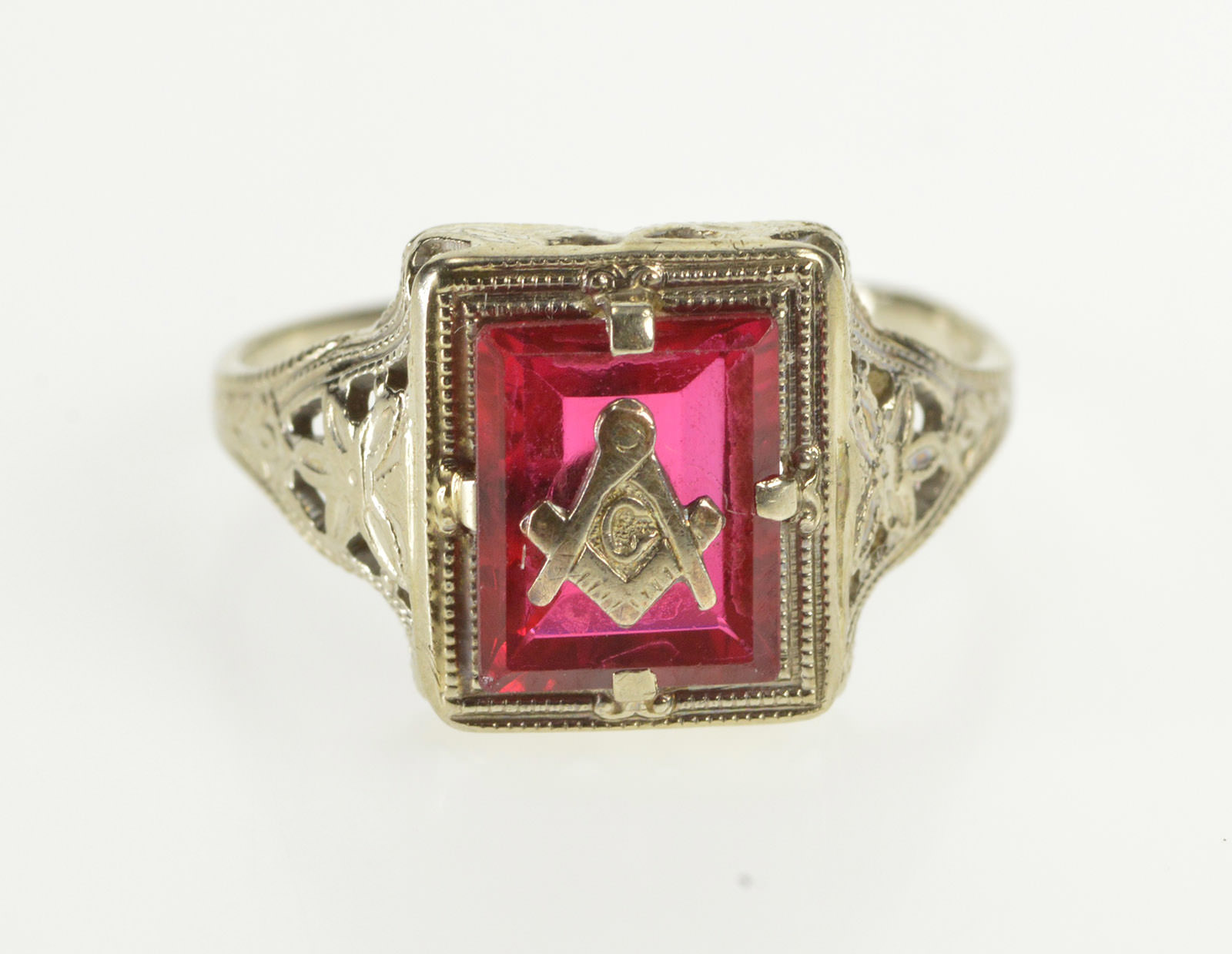 14K Syn. Ruby Masonic Compass Square Filigree White Gold Ring, Size 5. ...