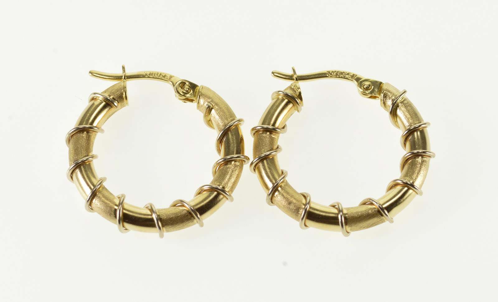14K Textured Coil Wire Wrap Round Hoop Yellow Gold Earrings | Property Room