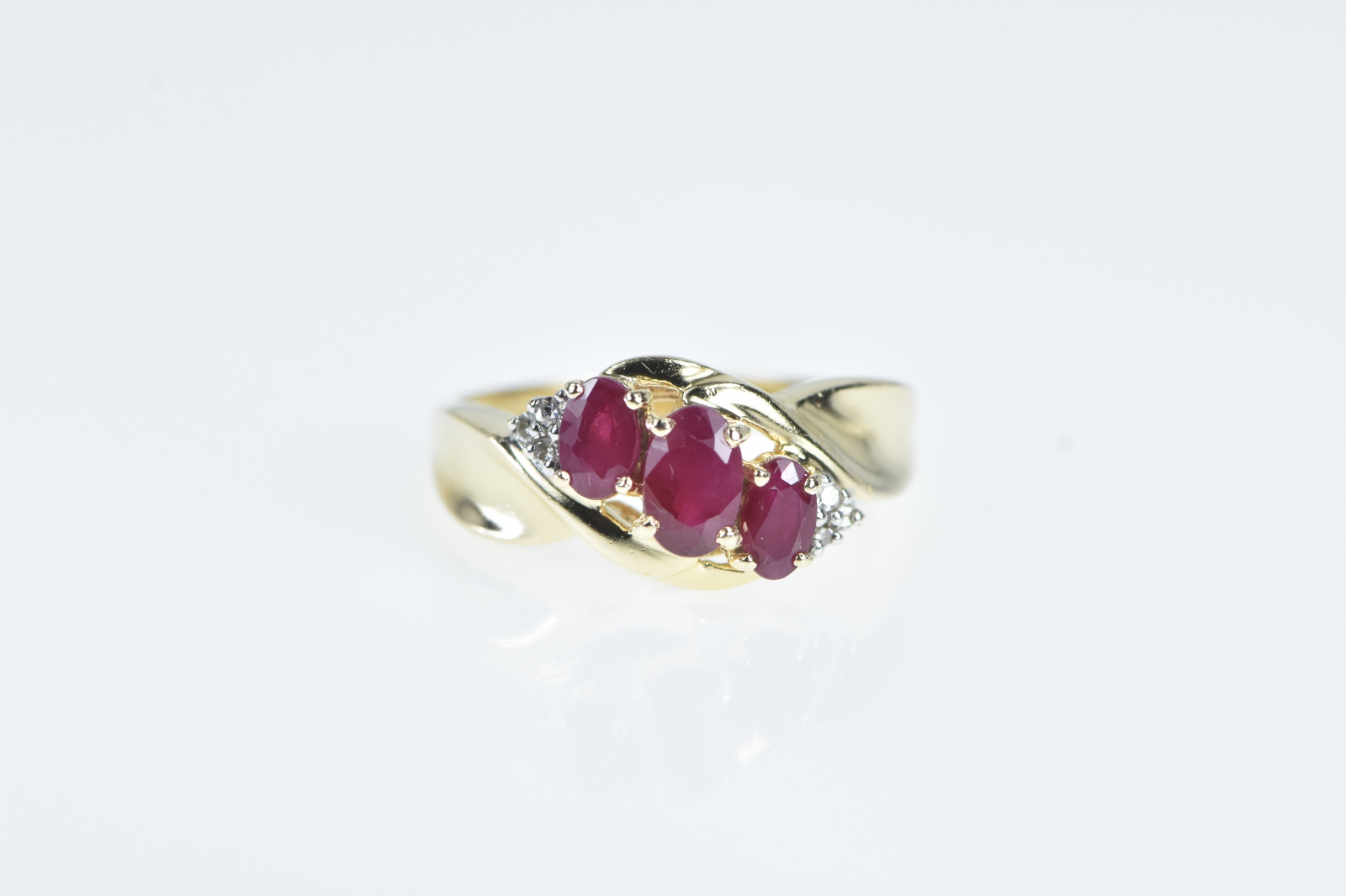 14K Three Stone Ruby Diamond Cluster Bypass Yellow Gold Ring, Size 6.25 | Property Room