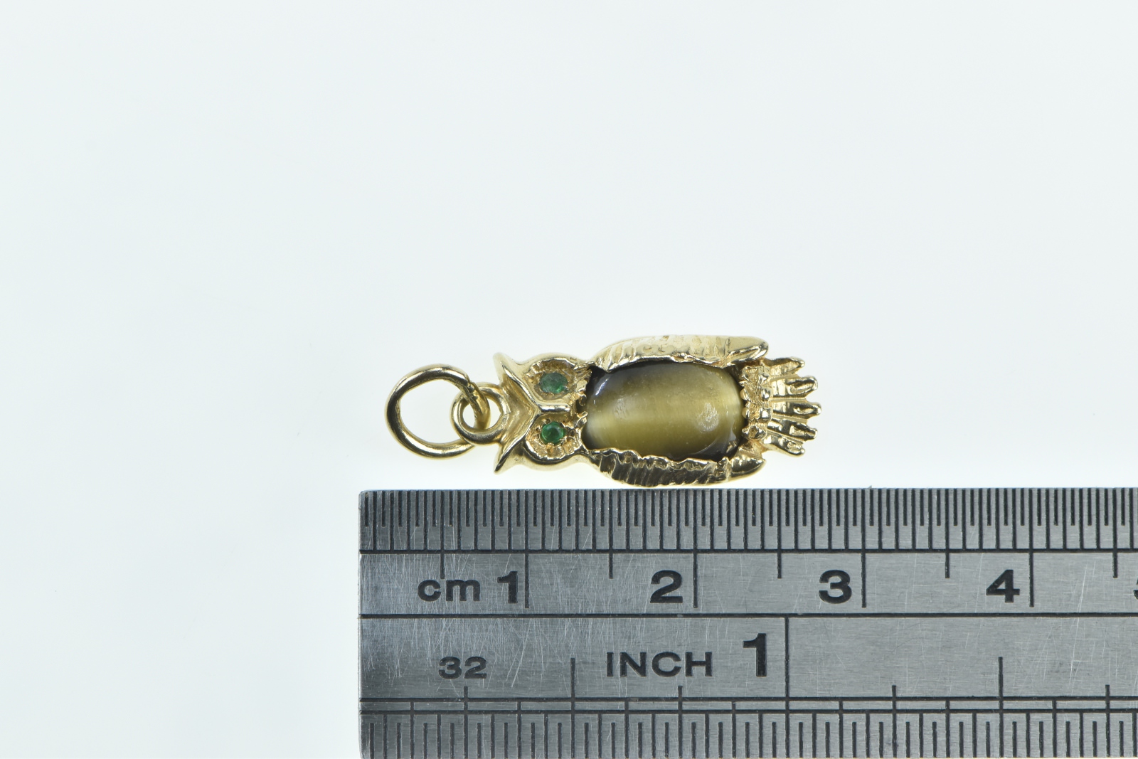14K Tiger's Eye Syn. Emerald Owl Wisdom Symbol Yellow Gold Charm ...