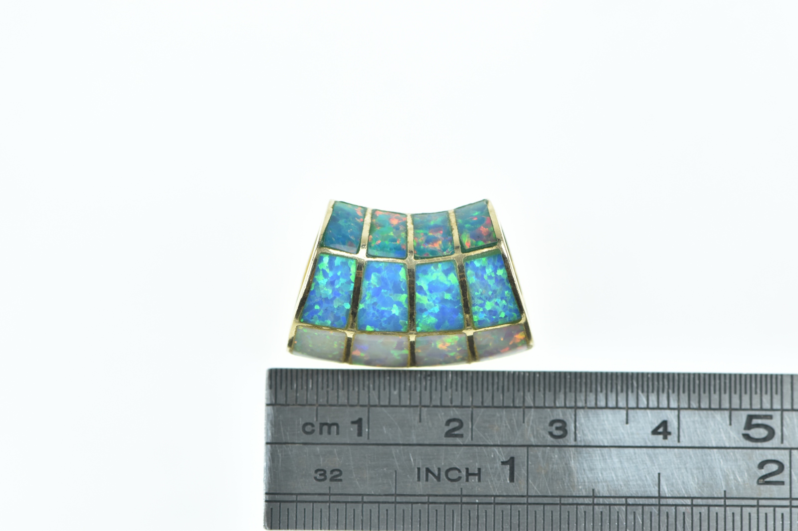 14K Tri Color Syn. Opal Inlay Curved Slide Yellow Gold Pendant ...