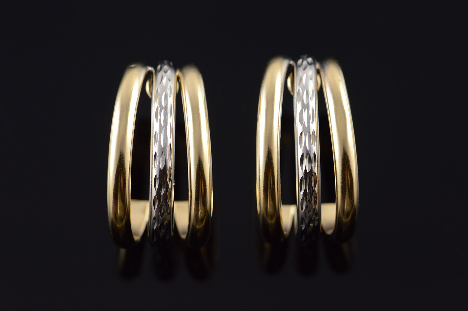 14K Triple Hollow Half Hoop Stud Two Tone Yellow Gold Earrings ...