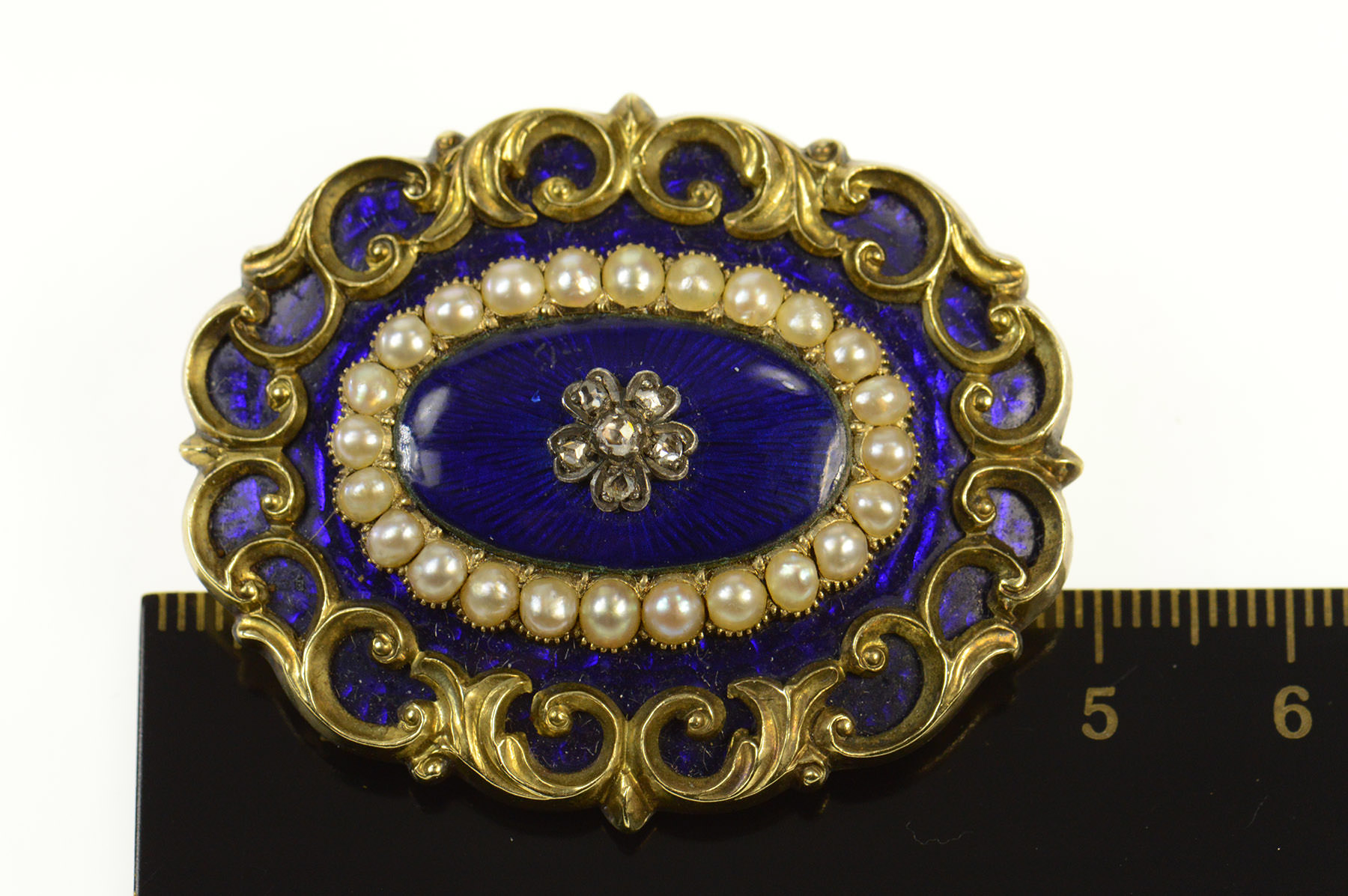 14K Victorian Blue Enamel Diamond Pearl Mourning Yellow Gold Pin/Brooch ...