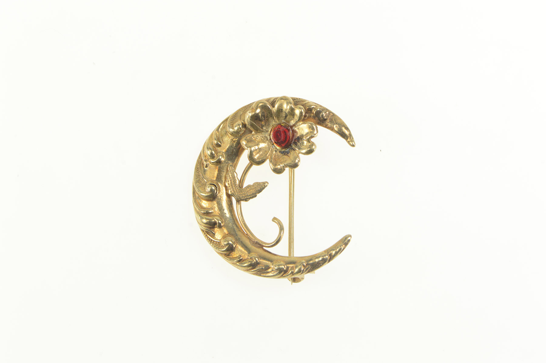 14K Victorian Crescent Moon Flower Syn. Garnet Yellow Gold Pin/Brooch ...
