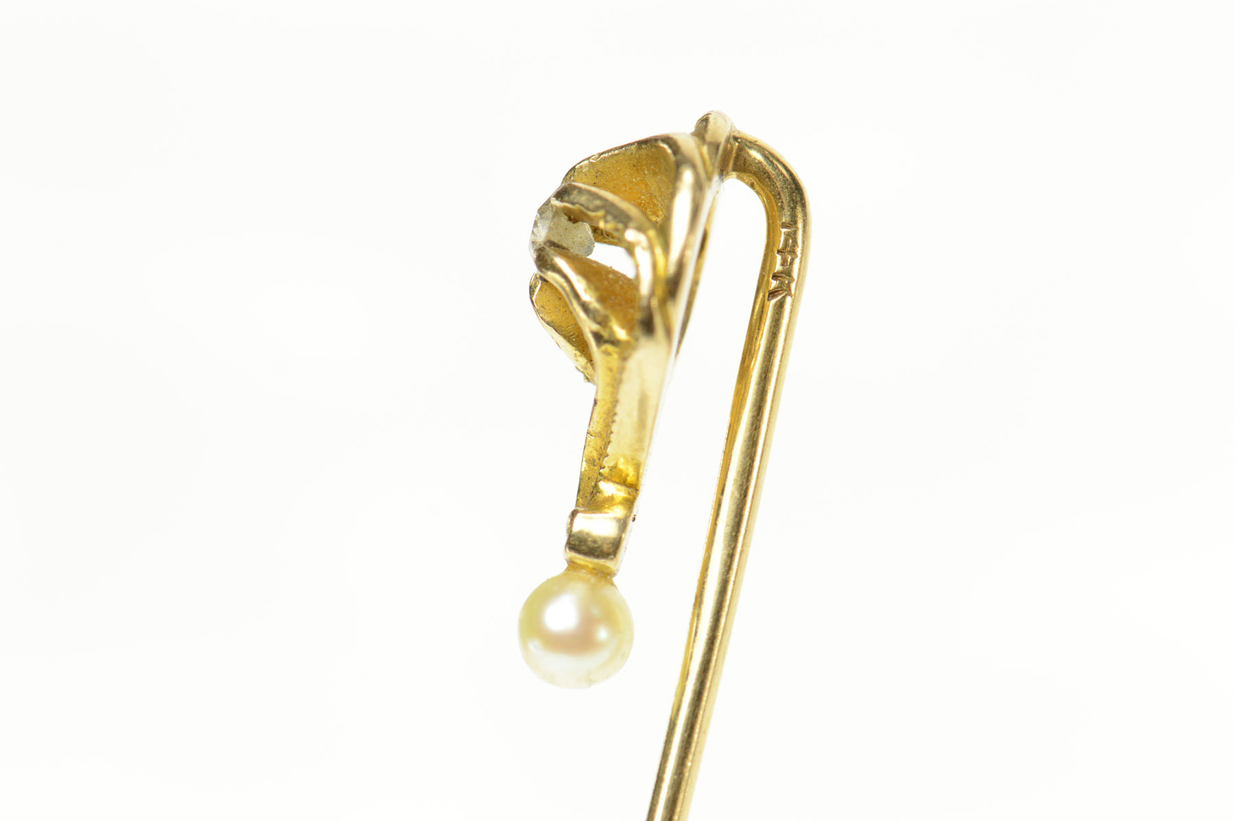 14K Victorian Diamond Pearl Question Mark Swirl Yellow Gold Stick Pin ...