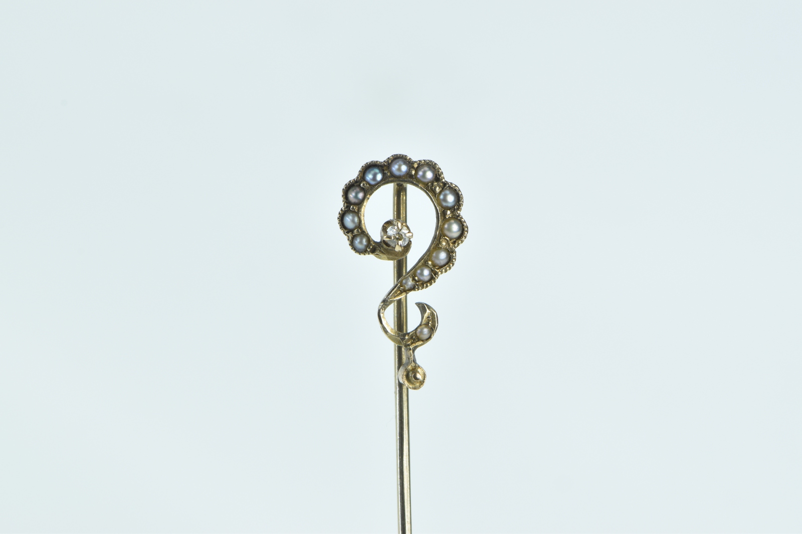 14K Victorian Seed Pearl Question Mark Diamond Yellow Gold Stick Pin ...