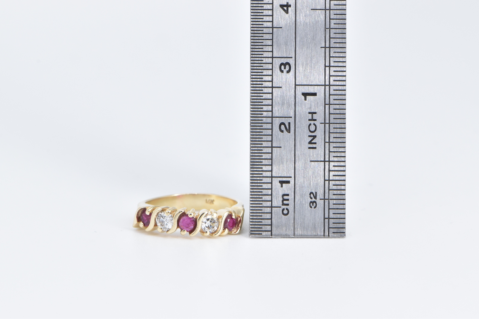 14K Vintage Diamond Ruby Wavy Statement Band Yellow Gold Ring, Size 4.75 | Property Room