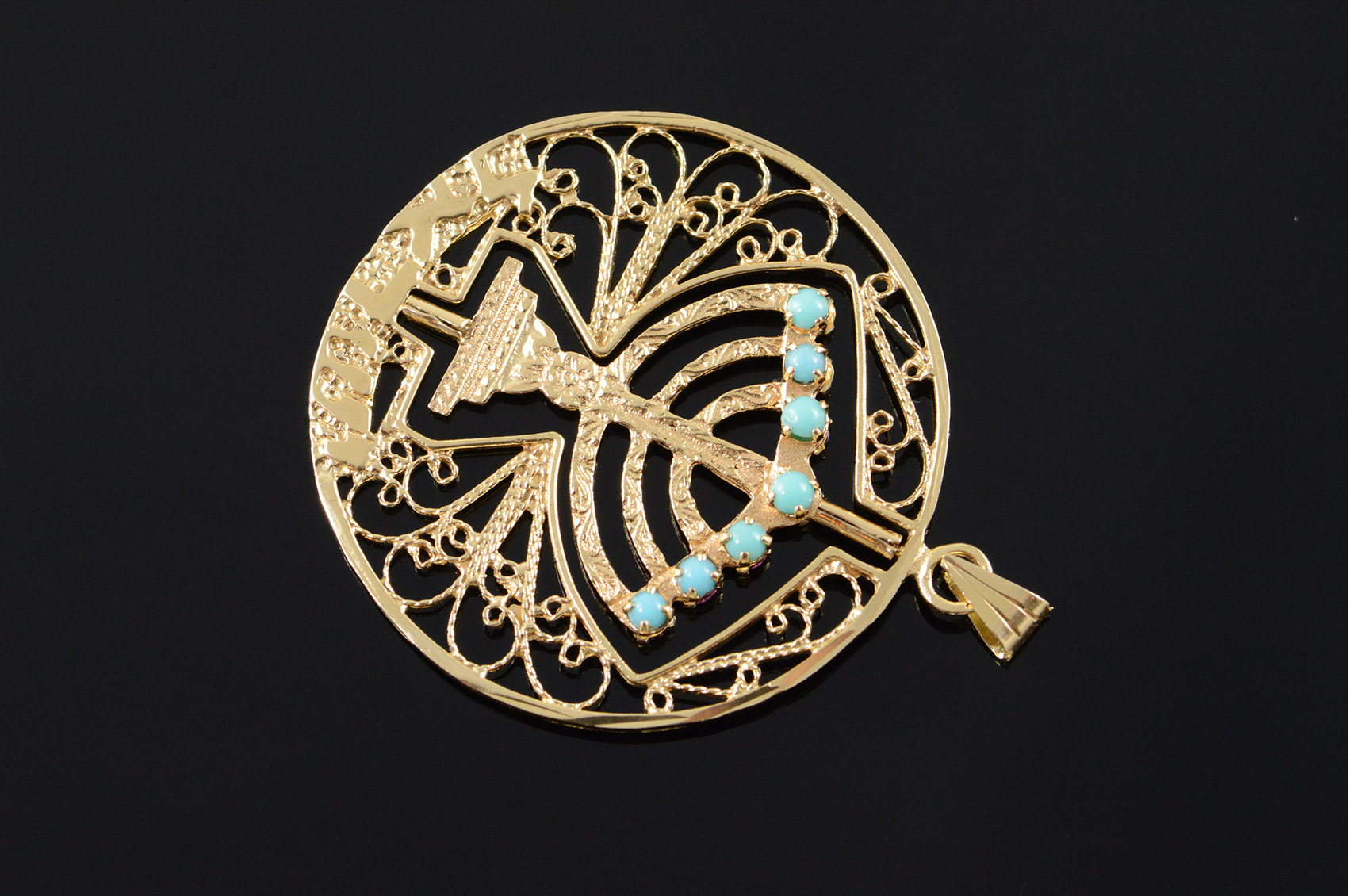 14K Vintage Ruby Turquoise Spinning Menorah Jewish Filigree Yellow Gold ...