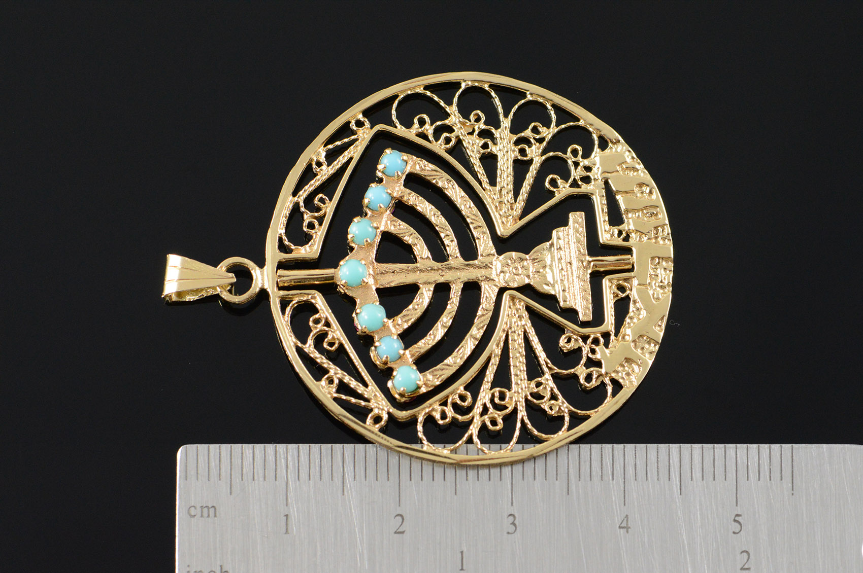 14K Vintage Ruby Turquoise Spinning Menorah Jewish Filigree Yellow Gold ...