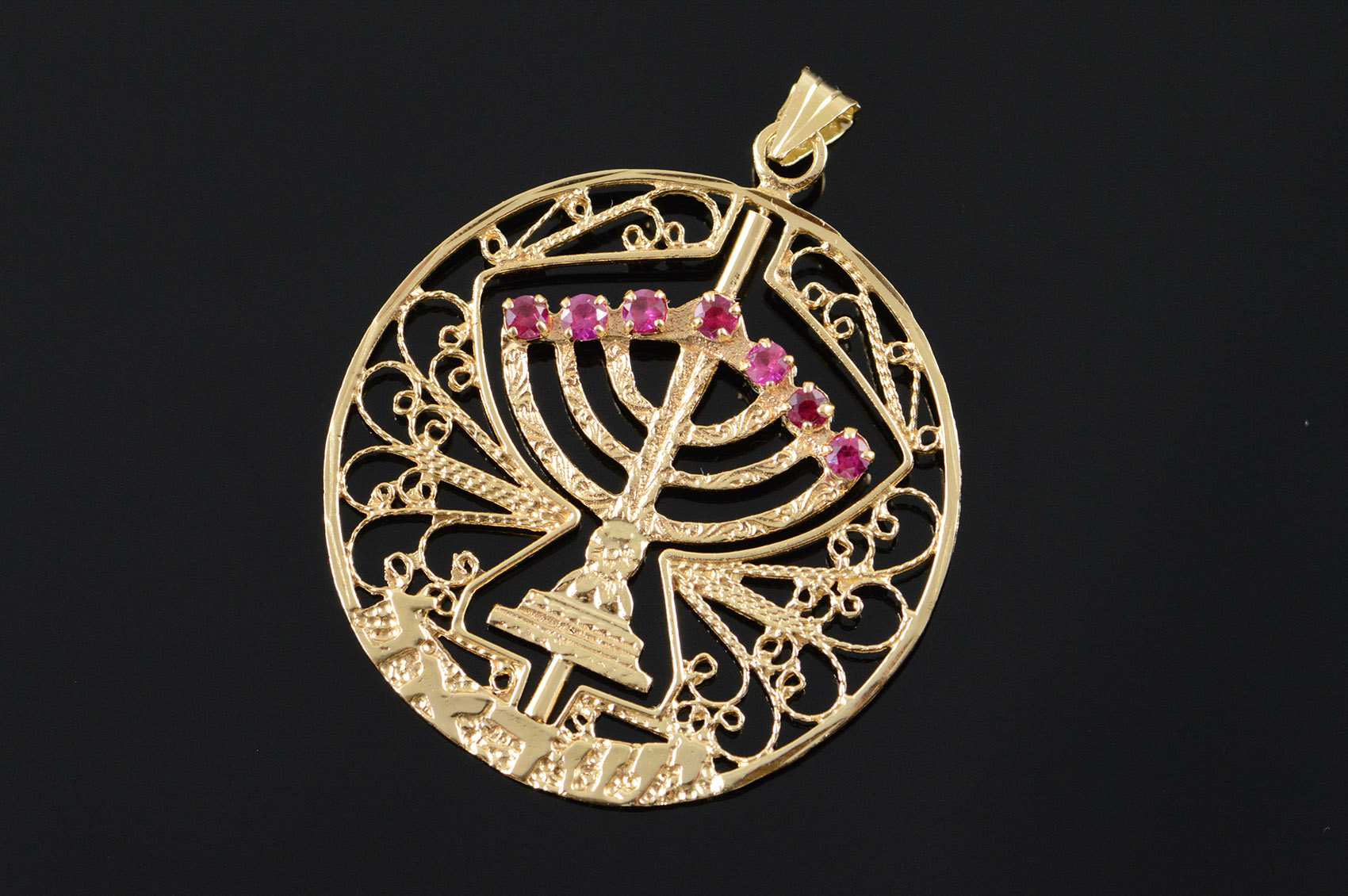 14K Vintage Ruby Turquoise Spinning Menorah Jewish Filigree Yellow Gold ...