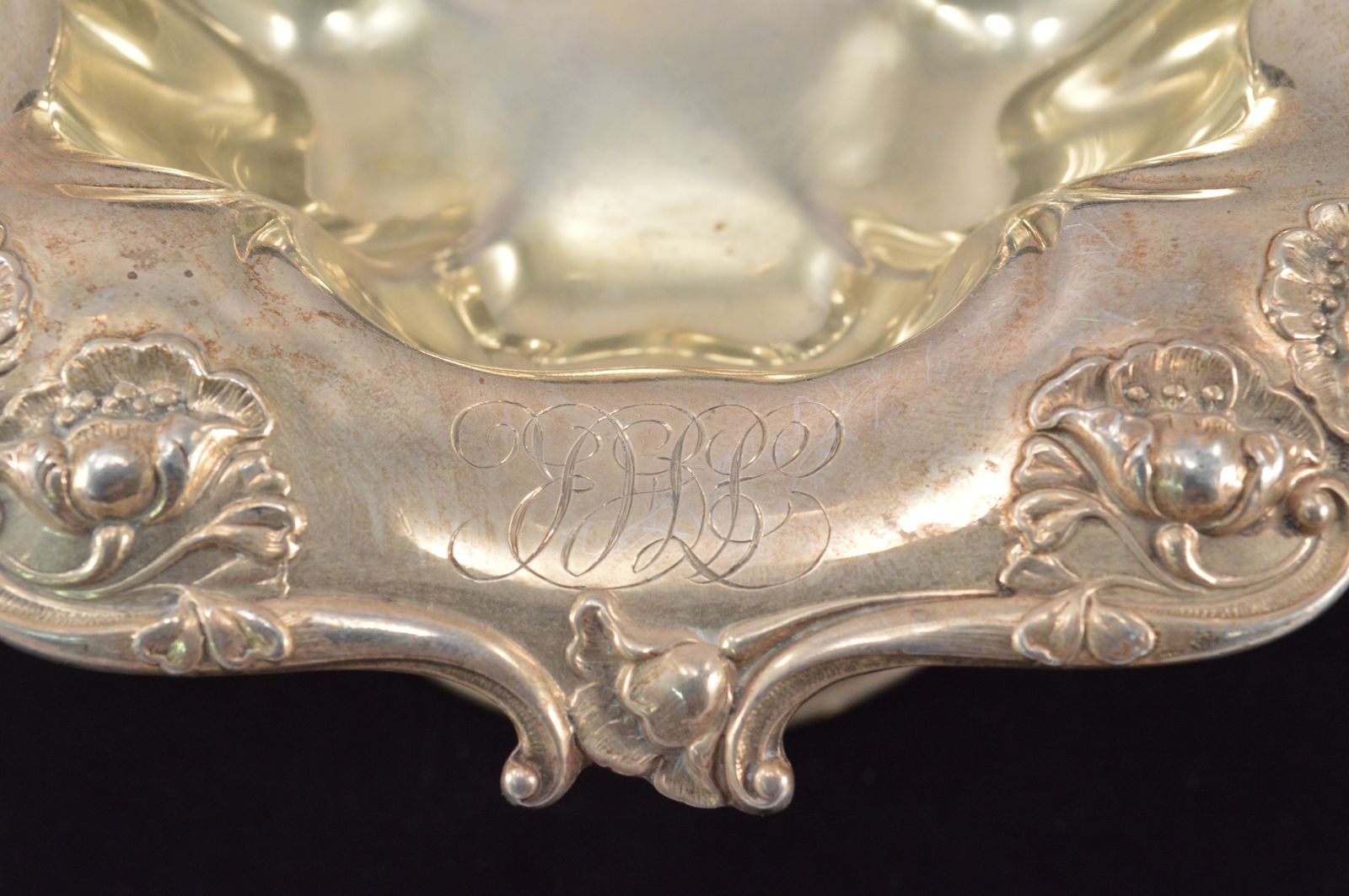 178.3g Footed with Engraved Initials Floral Scalloped Candy Dish 4"x6.5 ...