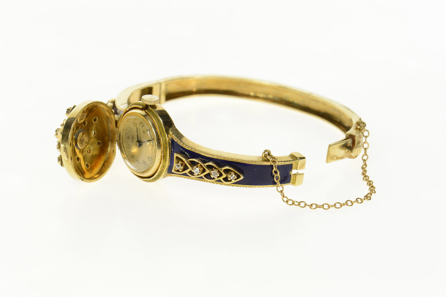 18K 0.80 Ctw Victorian Blue Enamel Diamond Bangle Watch - Women's ...