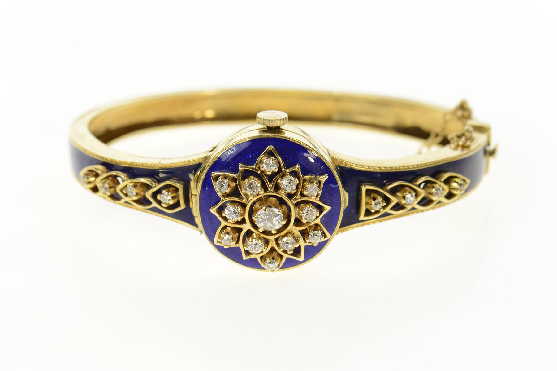 18K 0.80 Ctw Victorian Blue Enamel Diamond Bangle Watch - Women's ...