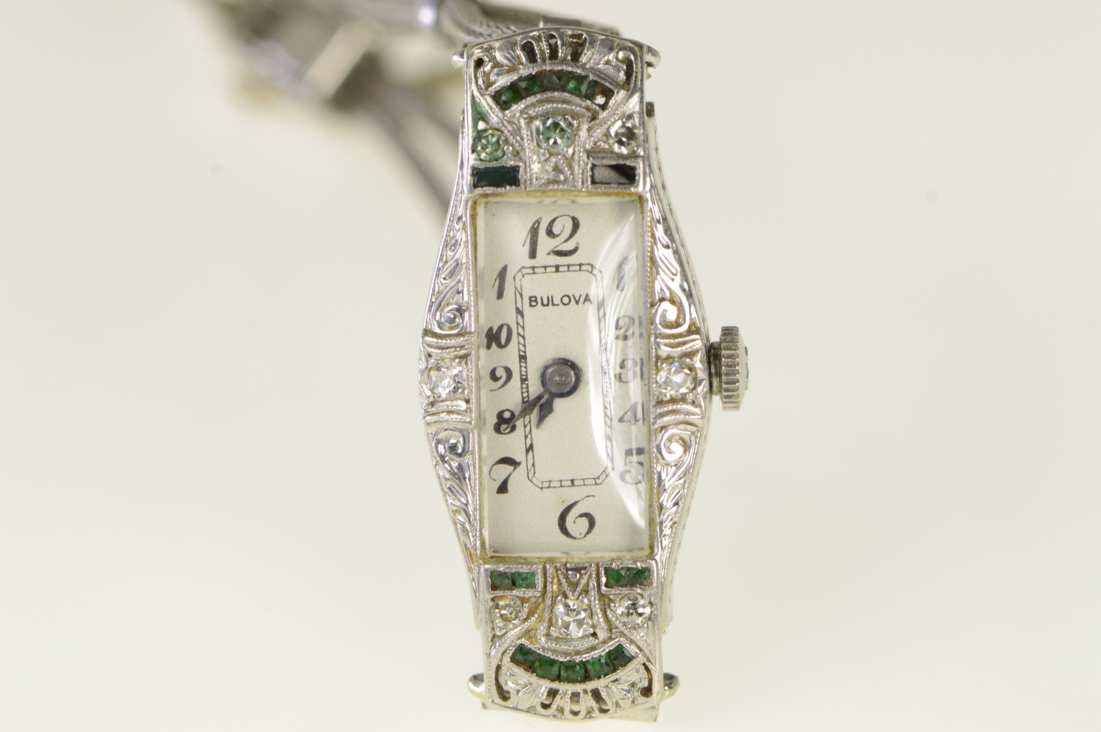 18k Art Deco Bulova Diamond Emerald Watch - Women's | Property Room