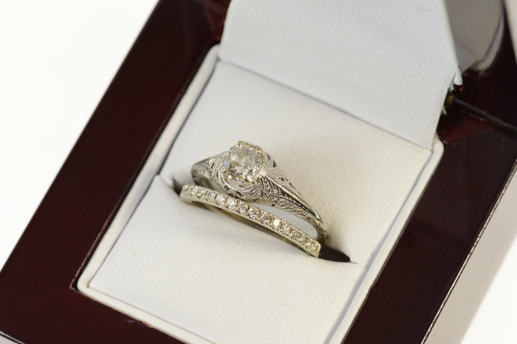 18K Art Deco Diamond Engagement Bridal Set White Gold Ring, Size 4.75 ...