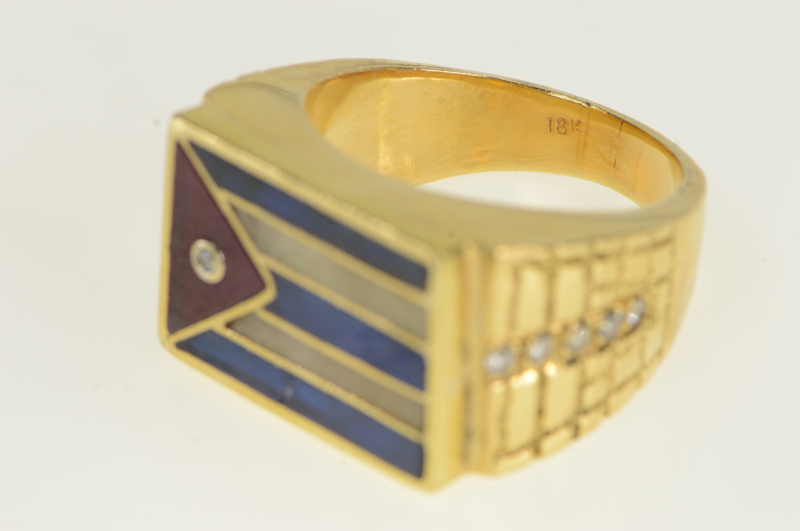 18K Diamond Cuban Flag Enamel Men's Yellow Gold Ring, Size 13.5 ...